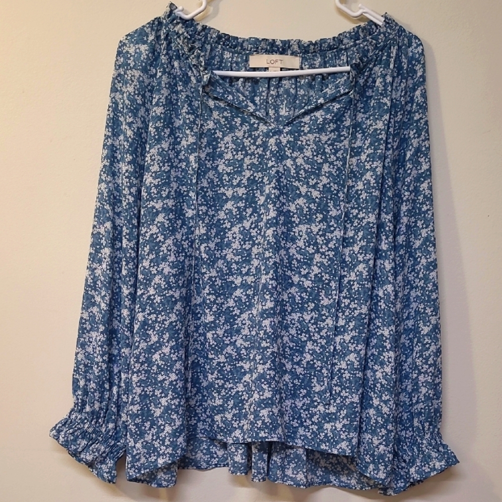 Loft Blue Smocked Ruffled 3/4 Sleeve Blouseused Good … - Gem